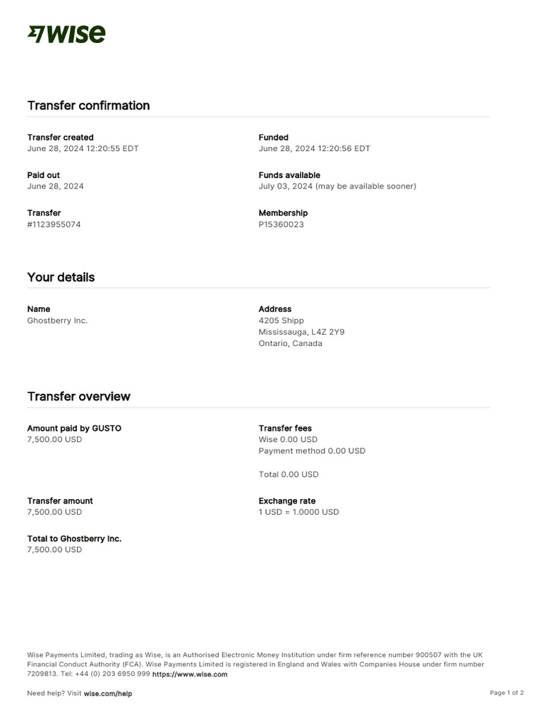 Wise Transaction Invoice Transfer 1123955074 3339180668 en | PDF ...