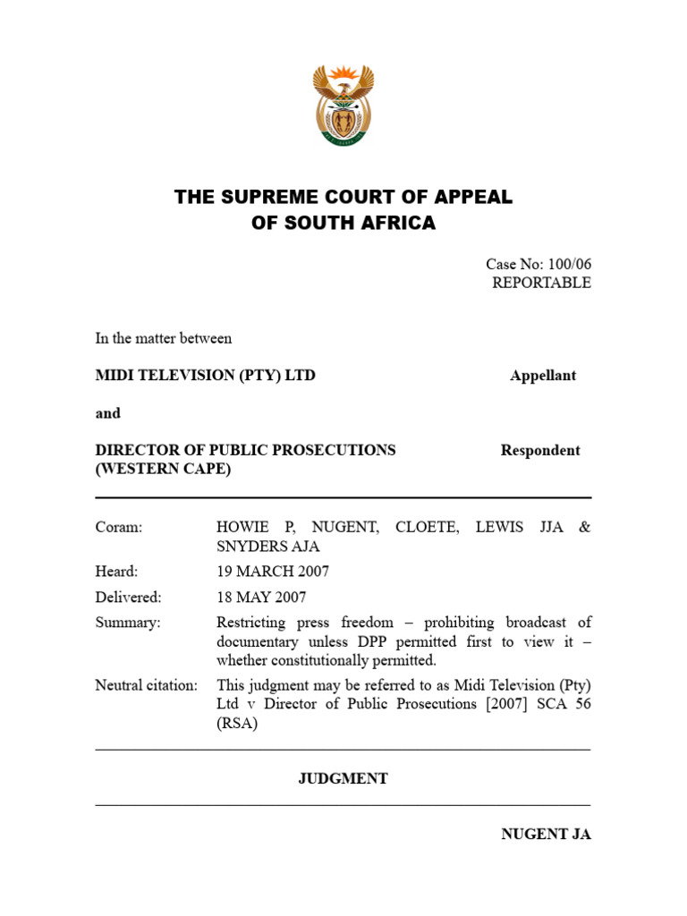 MIDI TELEVISION (PTY) LTD Vs DIRECTOR OF PUBLIC PROSECUTIONS | PDF ...