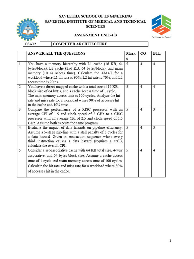 UNIT 4 Assignments and Test Questions | PDF | Cpu Cache | Central ...