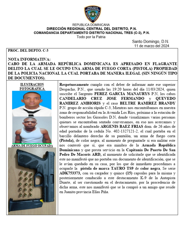 Nota Informativa Sobre Arma de Fuego Ocupada Argenis Baez Frias 11-03 ...
