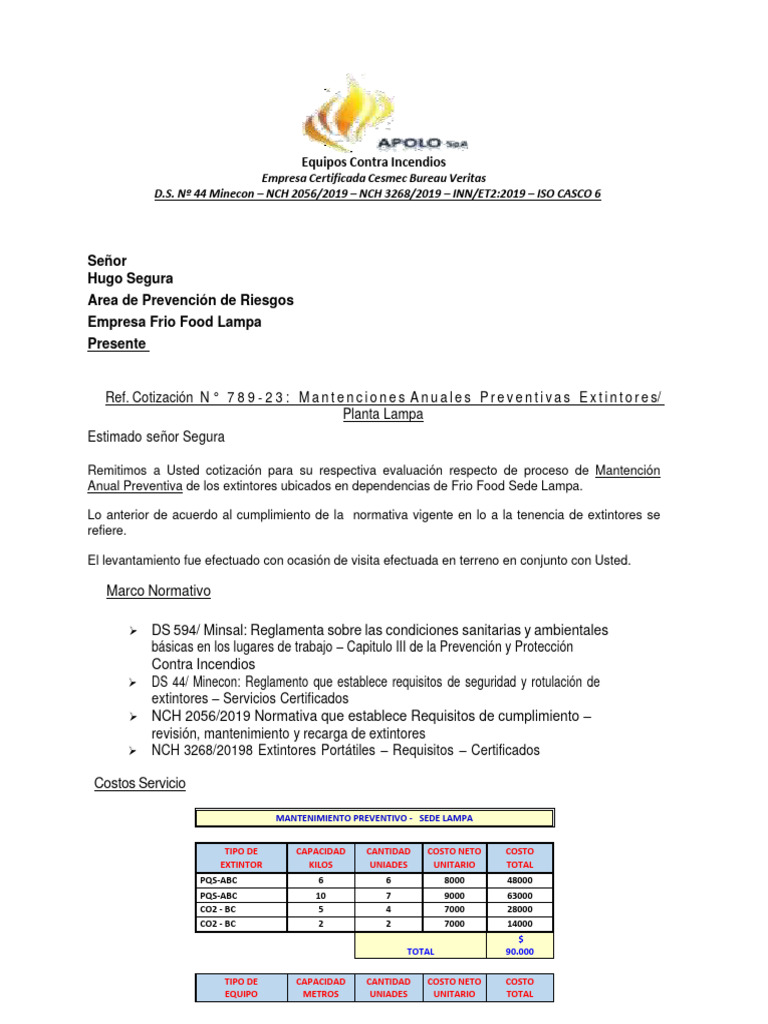 Cotizacion Mantencion Anual de Extintores Frio Food Lampa | PDF