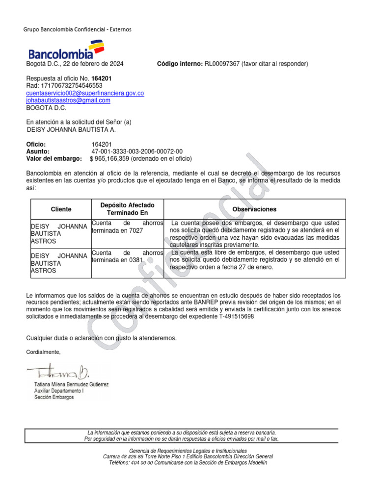 2006-072 Respuesta Oficio Bancolombia | PDF