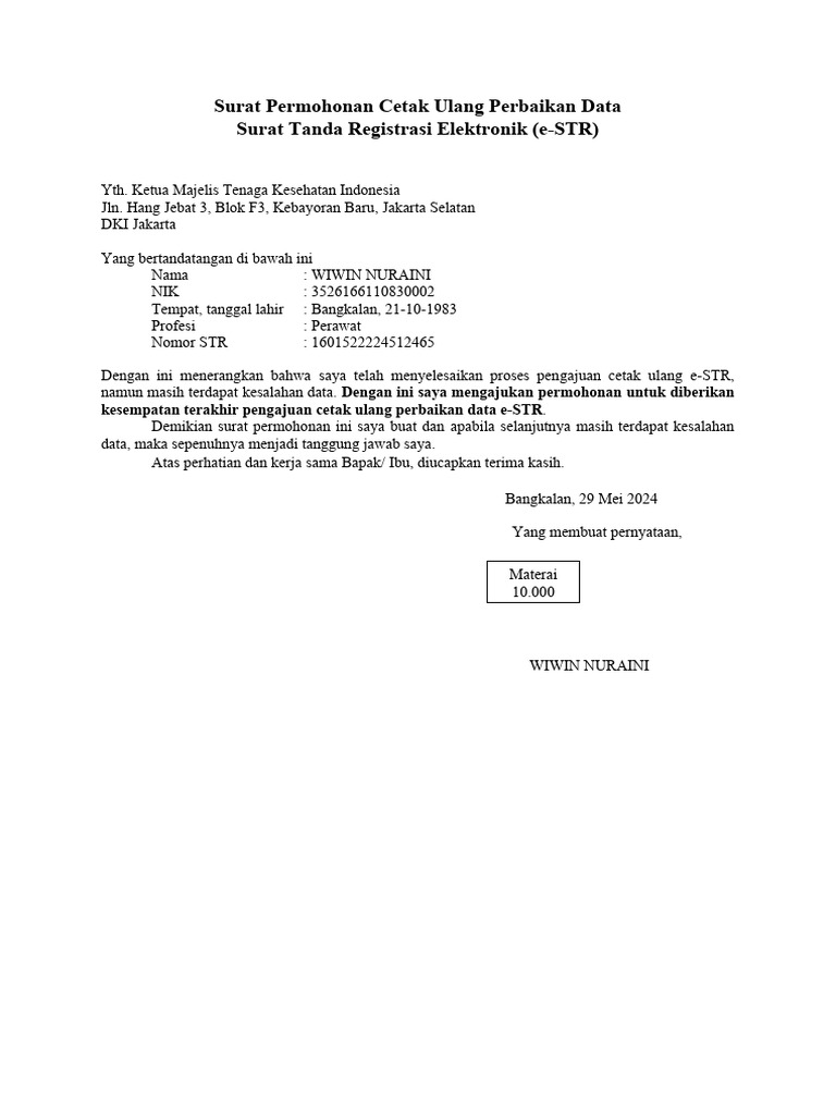 Format Template Surat Permohonan Cetak Ulang Perbaikan Data STR | PDF