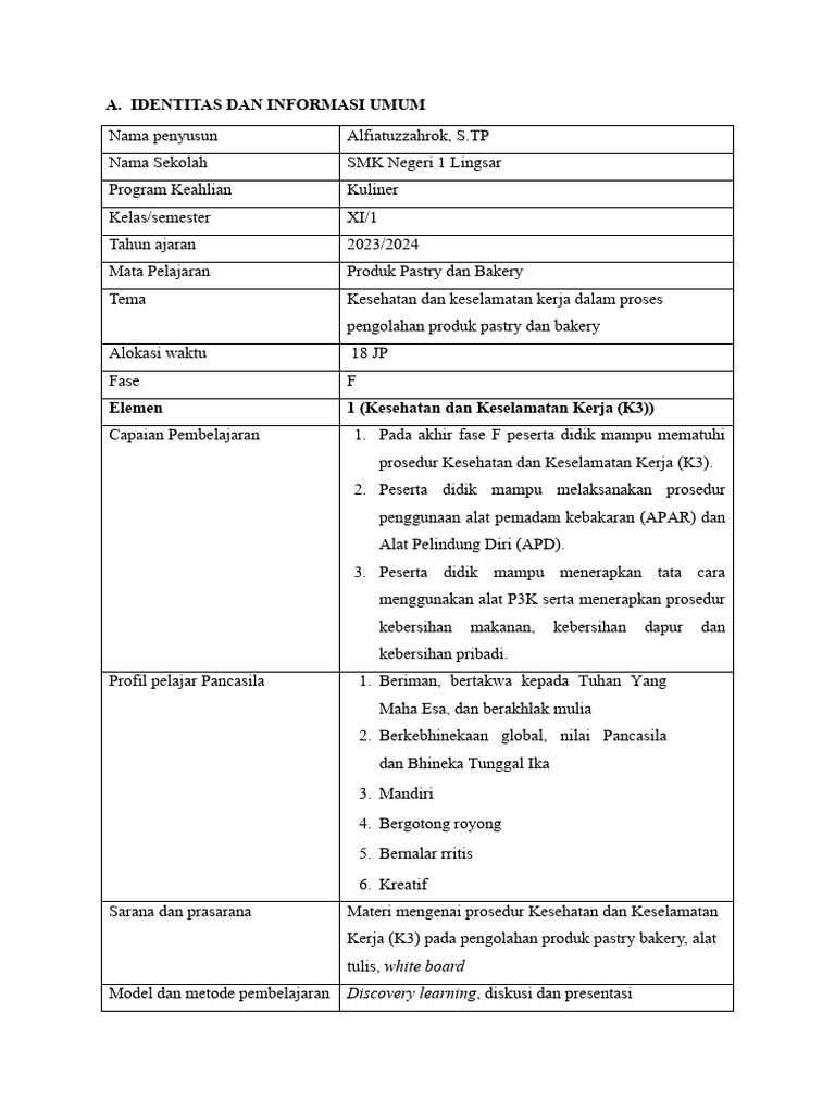 Modul Ajar Xi (1) Pastry Dan Bakeri E1 | PDF