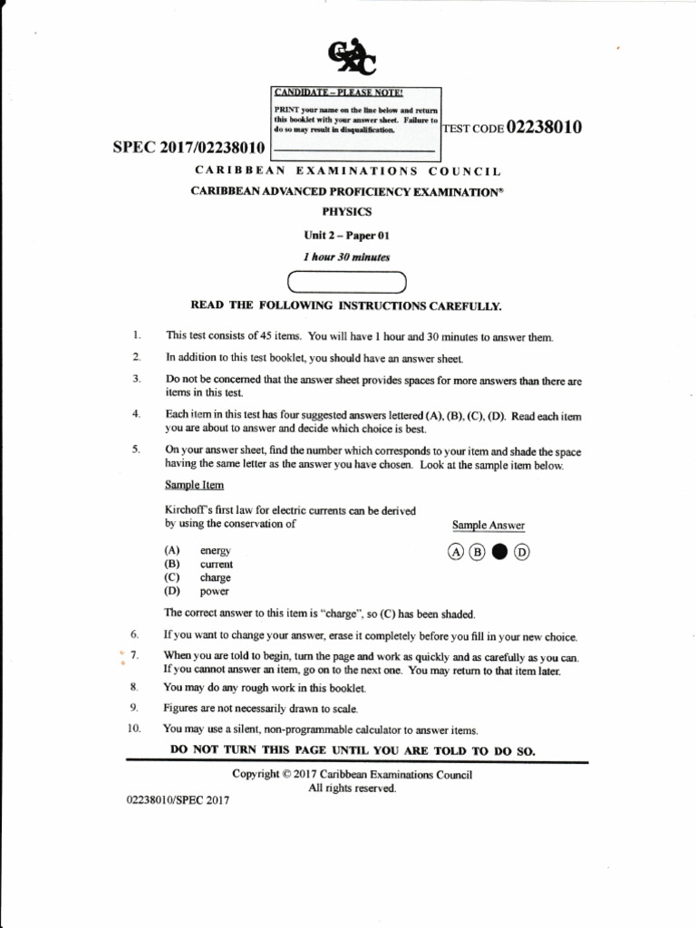 Cape Physics U2 P1 Specimen Paper 2017 with Answers | PDF