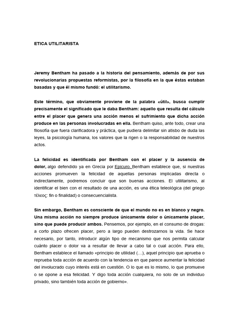 Ética Utilitarista de Bentham y Mill | PDF | Utilitarismo | John Stuart ...