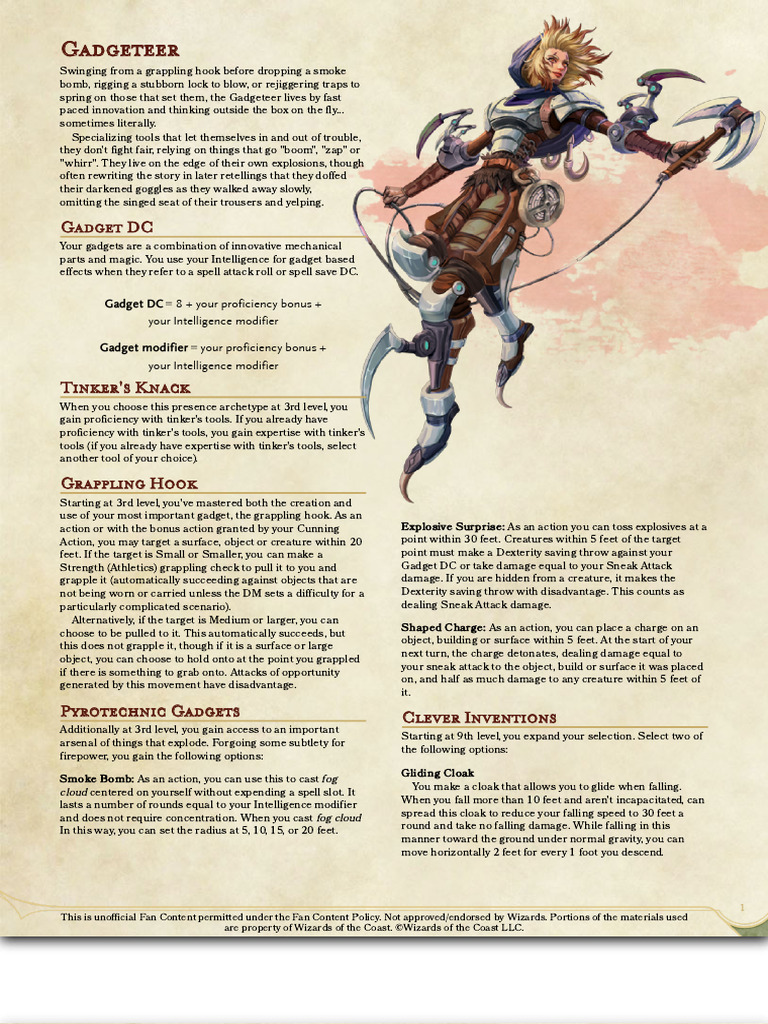 D&D 5E - Homebrew - Roguish Archetype Gadgeteer 'By KibblesTasty | PDF