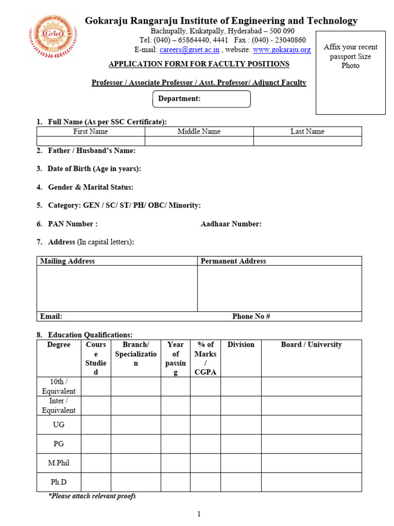 Faculty Application Form - GRIET | PDF | Thesis | Academia