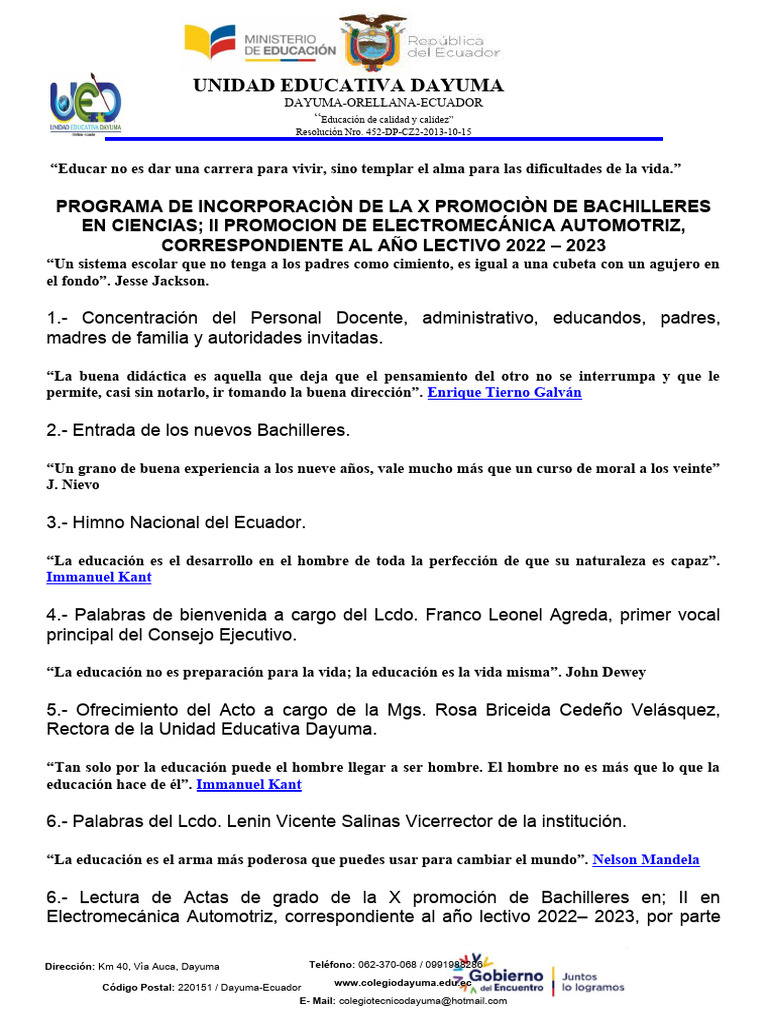 Incorporación de Bachilleres 2022-2023 Dayuma | PDF