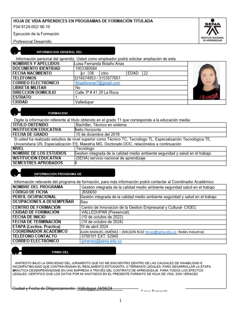 05 Hoja de Vida Aprendiz SENA para Contratos de Aprendizaje Luisa Fer | PDF