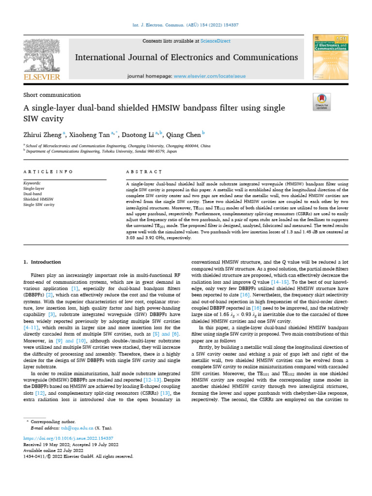A Single-Layer Dual-Band Shielded HMSIW Bandpass Filter Using Single ...