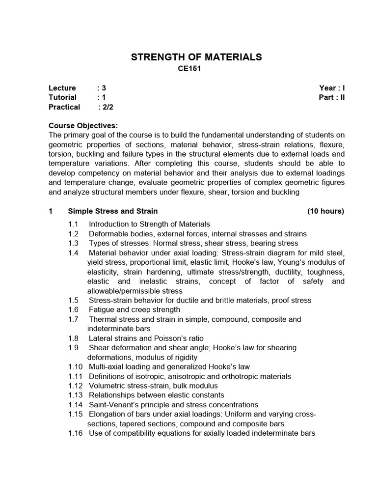 Ce151 Strength of Materials | PDF | Stress (Mechanics) | Bending