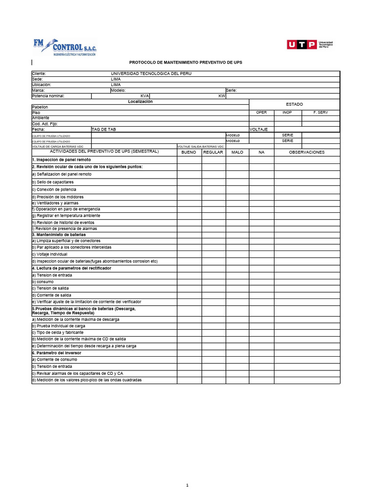 Formato de Mantenimiento de Ups | PDF | Electricidad | Ingenieria Eléctrica