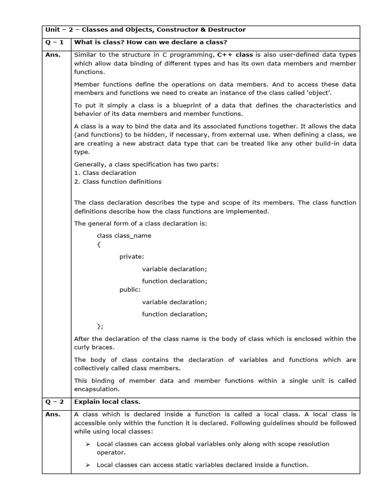 Unit-2 Class and Object | PDF | Class (Computer Programming) | Scope (Computer Science)