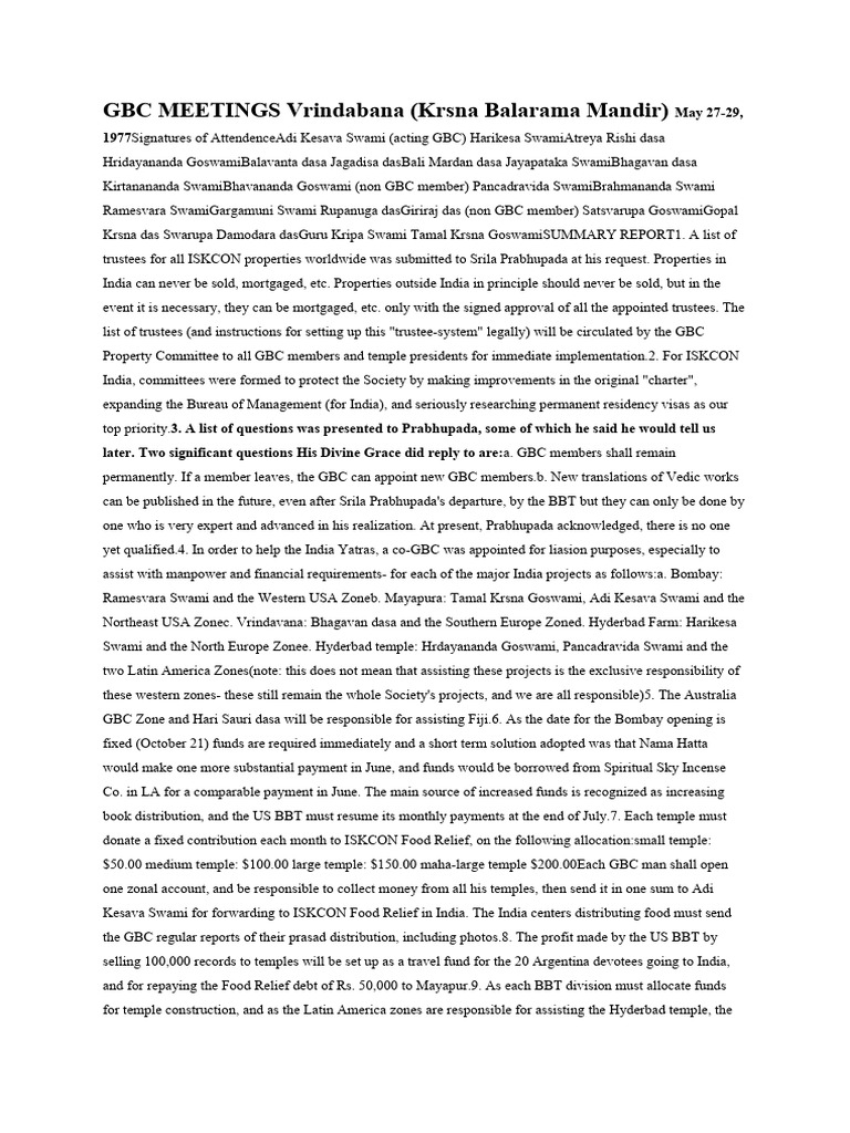 ISKCON GBC Meetings May 27-29 Vrndavana 1977 | PDF