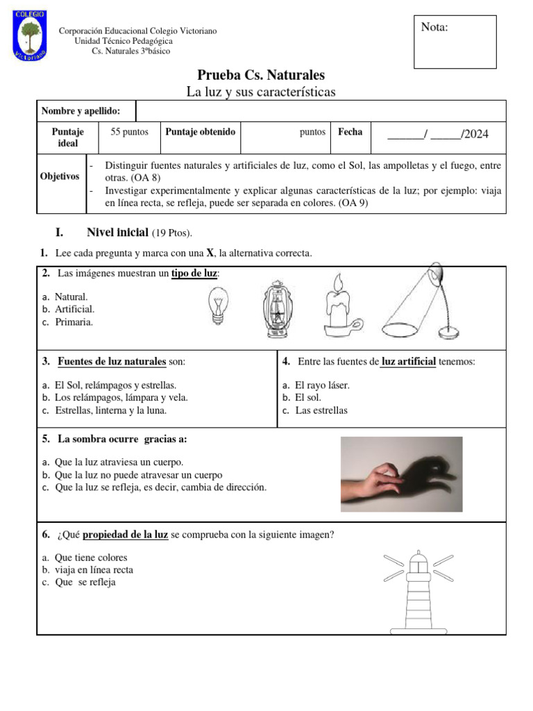 Prueba Cs. Naturales La Luz y Sus Características | PDF | Ligero | Arco iris