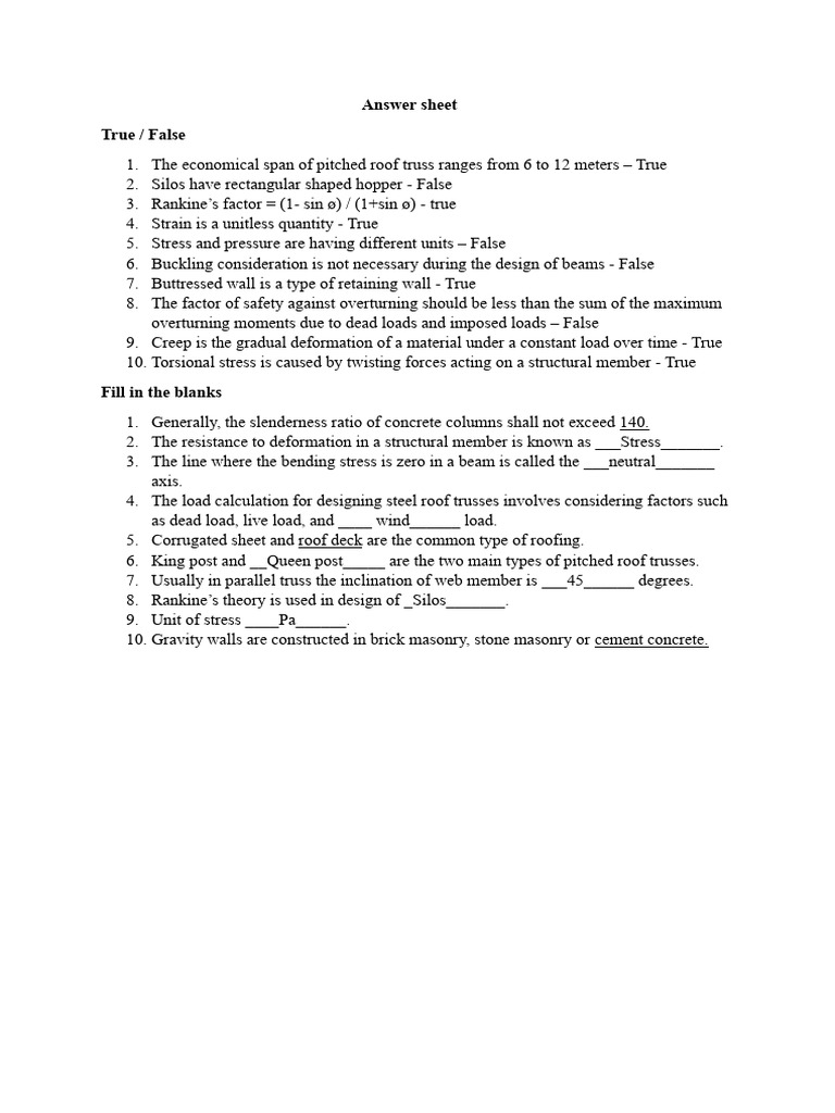 Answer Key of Design of Structure | PDF
