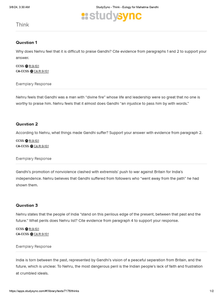 StudySync - Think - Eulogy For Mahatma Gandhi | PDF | Jawaharlal Nehru ...