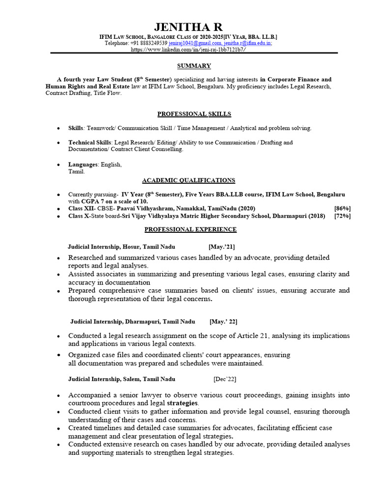 Jenita R (Ifim Law School) | PDF | Advocate | Lawyer