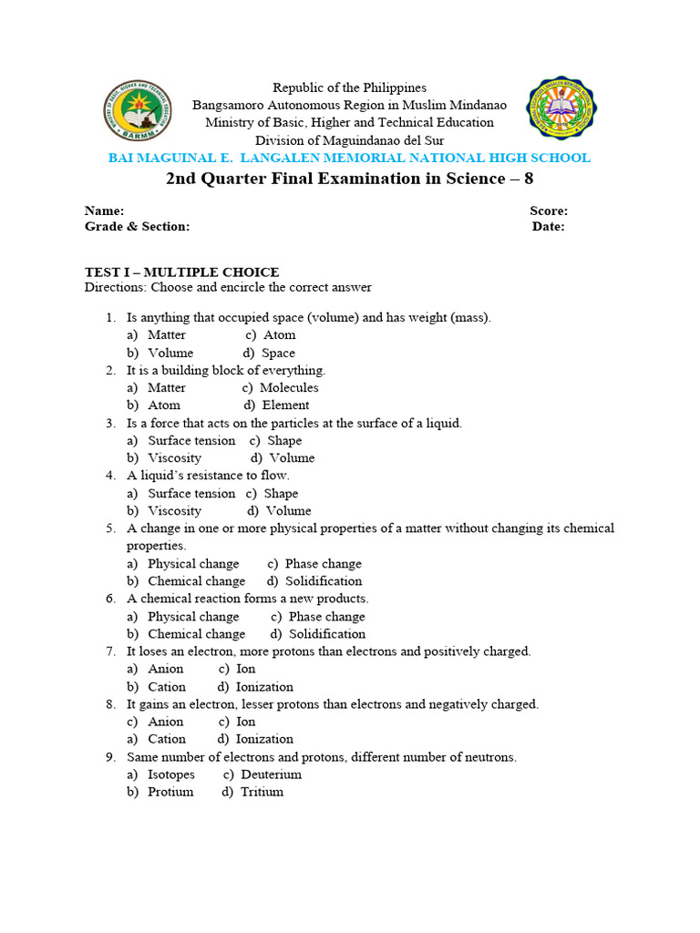 G8 Science - 3RD Quarter Final Examination | PDF | Ion | Proton