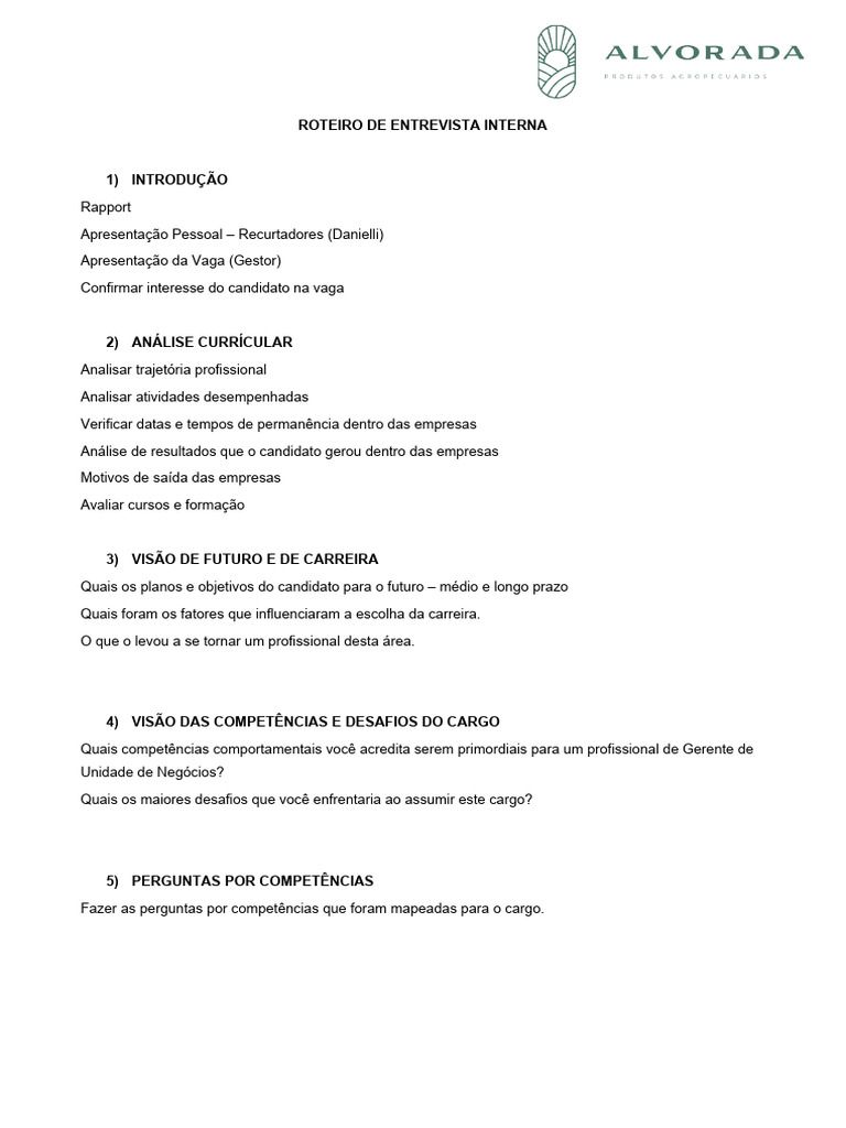 Roteiro de Entrevista - Gerente de Unidade de Negócios | PDF ...