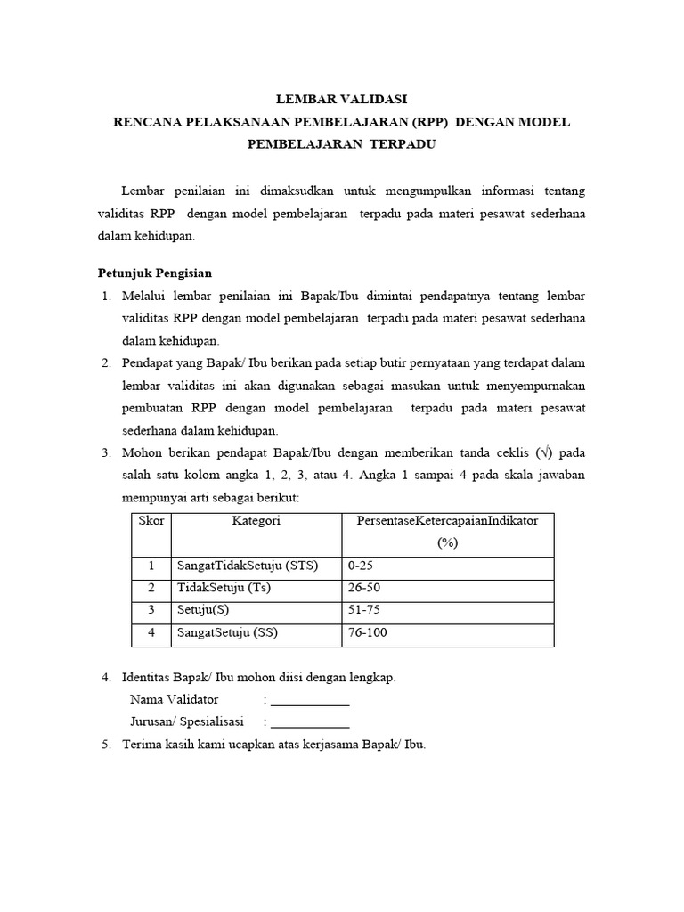 1 Lembar Validasi Dan Penilaian Instrumen RPP | PDF