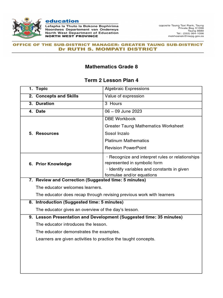 Grade 8 Lesson Plan Term 2 2023 - 4 Algebraic Expressions - B Value of ...