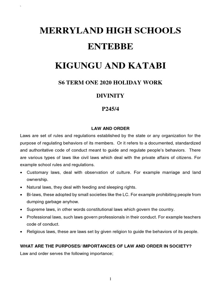 s6 Divinity Paper 4 Notes Merryland High Schools Entebbe | PDF | Crime ...