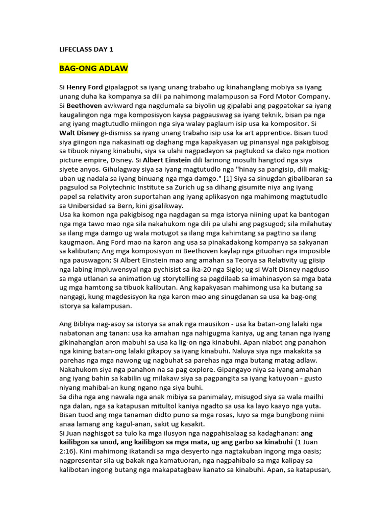 LIFECLASS DAY 1 Bisaya | PDF