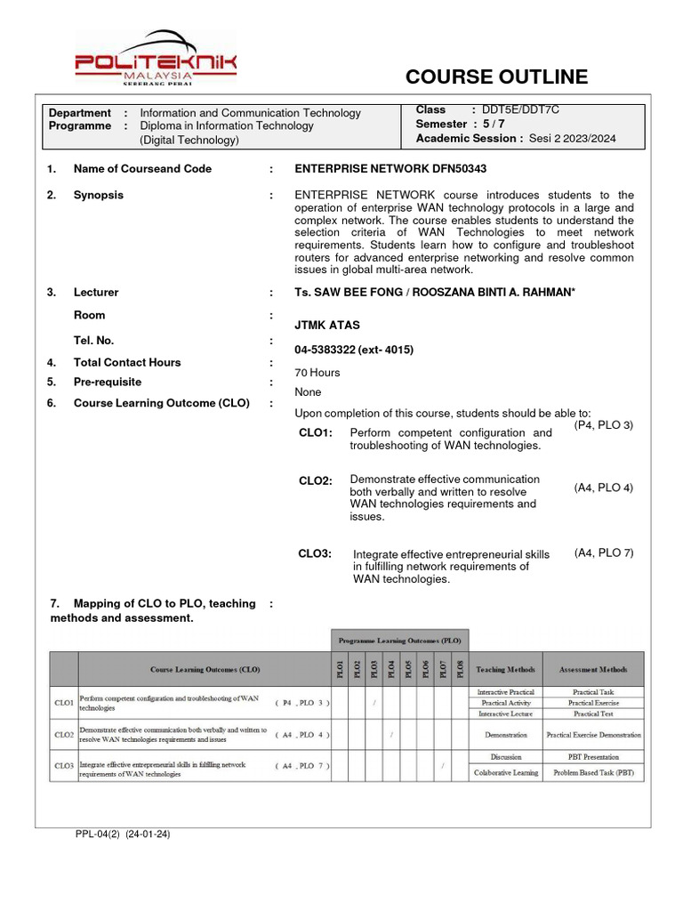 Course Outline Dfn50343 Ent Network - Sesi220232024 | PDF | Computer ...