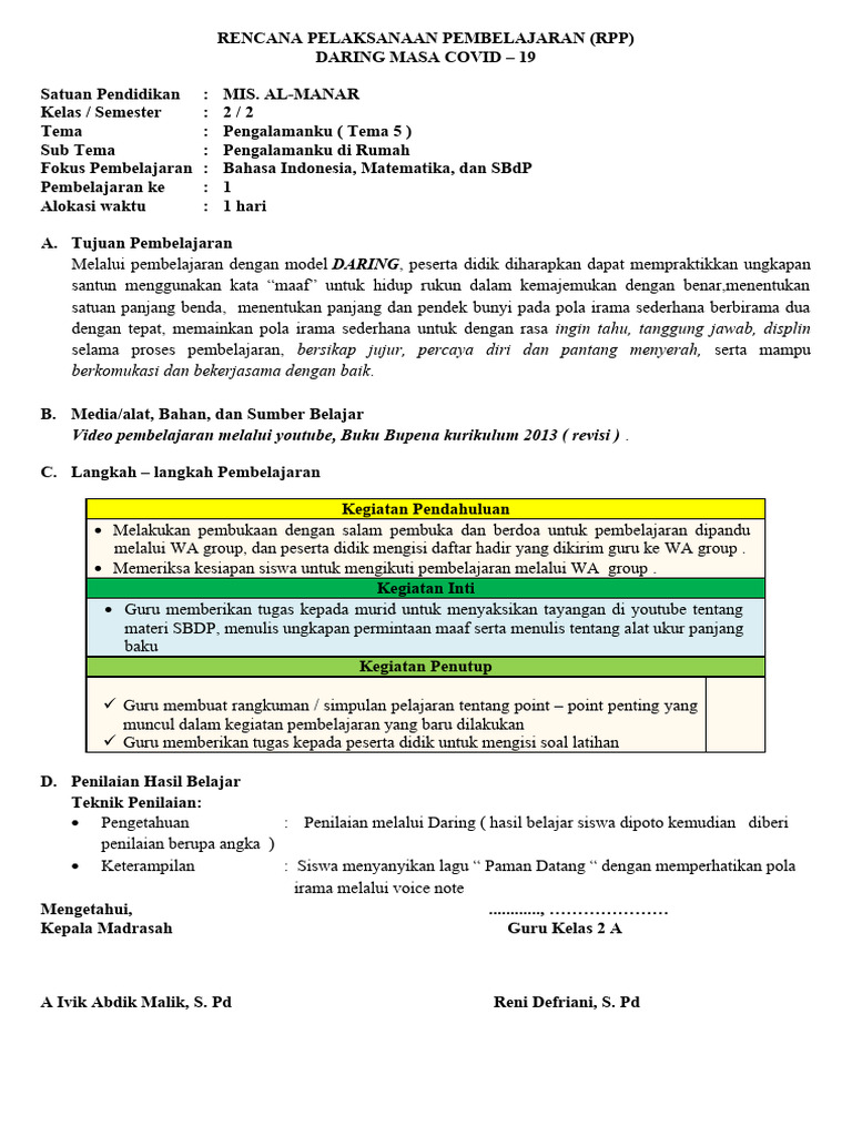 RPP Daring Kelas 2: Pengalamanku | PDF
