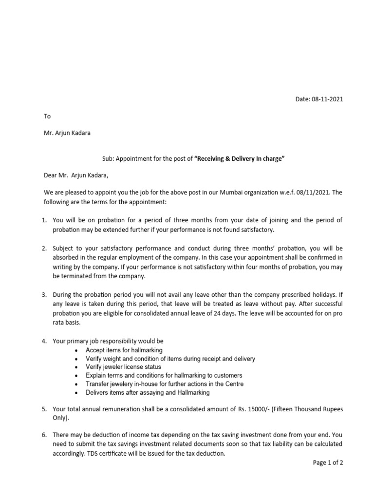 Recieving & Delivery Appointment Letter | PDF | Taxes | Taxation