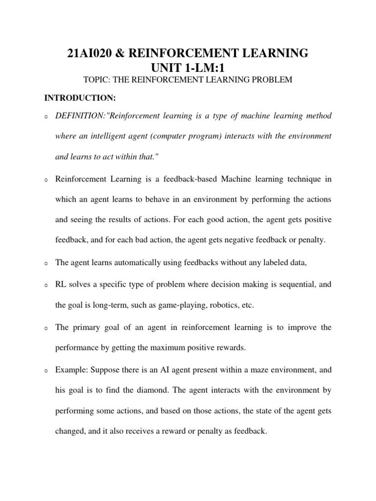 21ai020 & Reinforcement Learning UNIT 1-LM:1 | PDF | Reinforcement | Artificial Intelligence