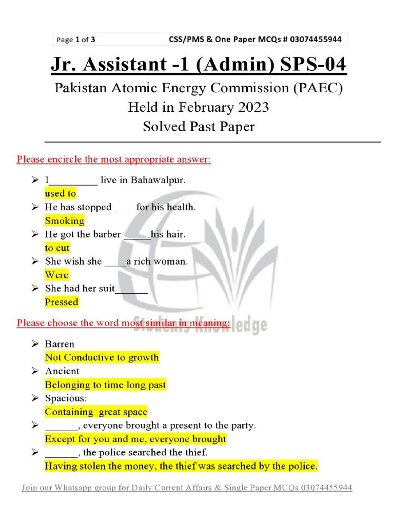 Assistant Solved Paper - Pakistan Atomic Energy Commission | PDF