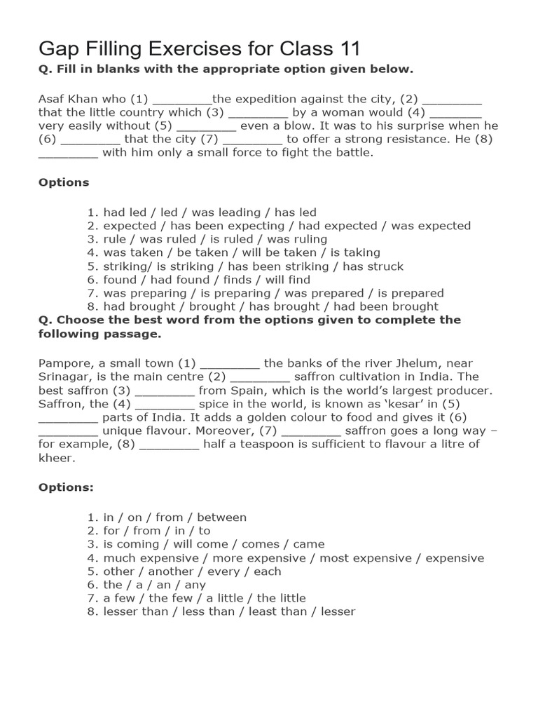 Gap Filling Exercises For Class 11 | PDF