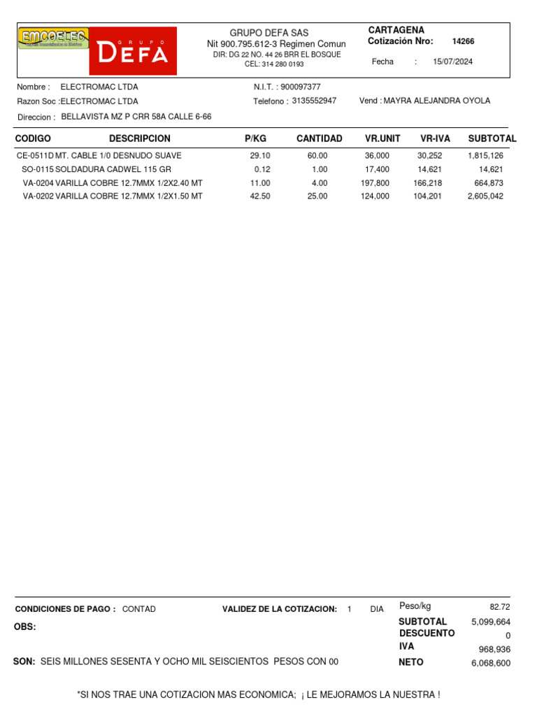 Grupo Defa Sas Nit 900.795.612-3 Regimen Comun: Cotización Nro: Cartagena | PDF