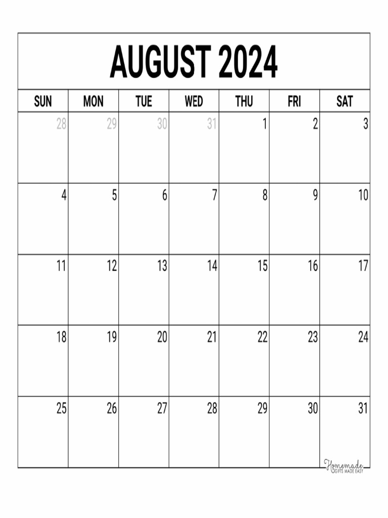 August Calendar 2024 Printable Blank | PDF