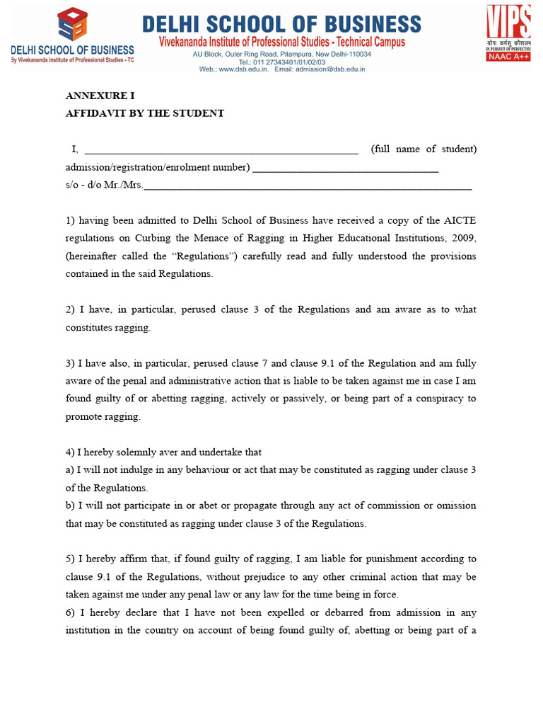 Anti Ragging - AFFIDAVIT BY STUDENT & PARENTS | PDF | Affidavit | Justice