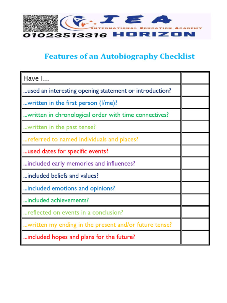 Features of An Autobiography Checklist1 | PDF | Language Arts & Discipline
