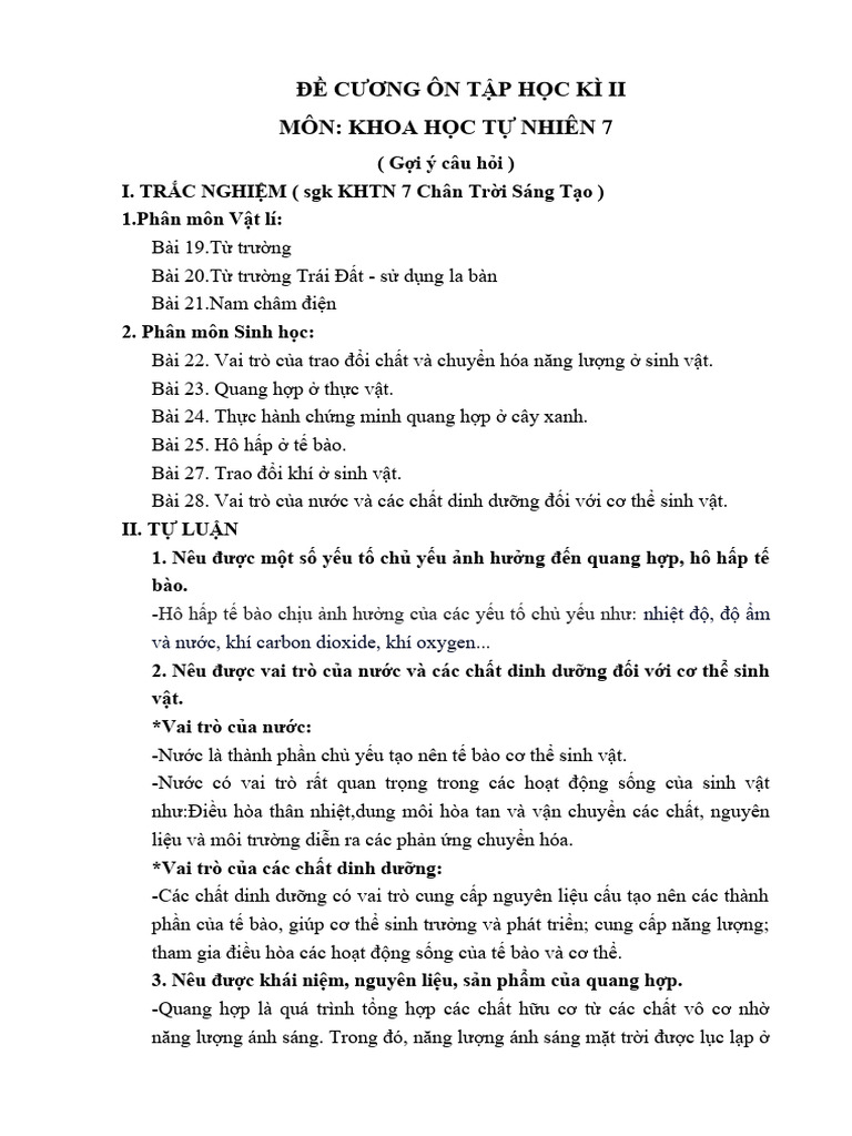 DE CUONG GIUA KI II KHTN 7 CT | PDF