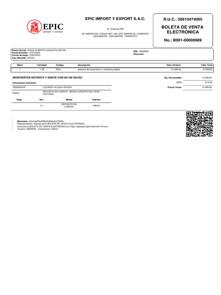 Epic Import Y Export S.A.C. R.U.C.: 20610474005: Boleta de Venta ...