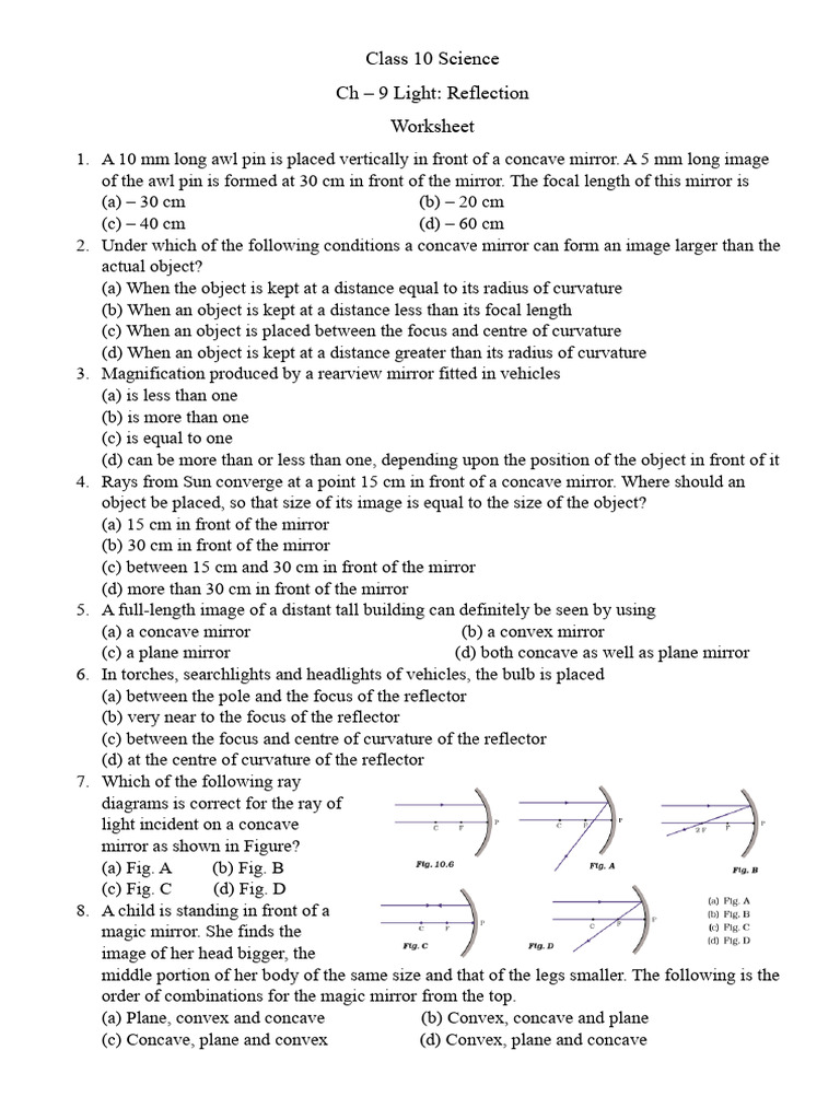 Worksheet Class 10 Science CH 9 | PDF | Mirror | Glass Engineering And ...