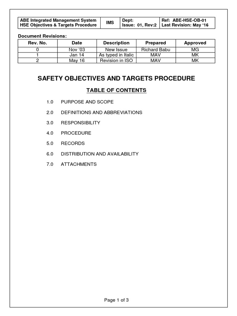 HSE Objectives - Targets ABE HSE OB 01 | PDF | Safety | Business