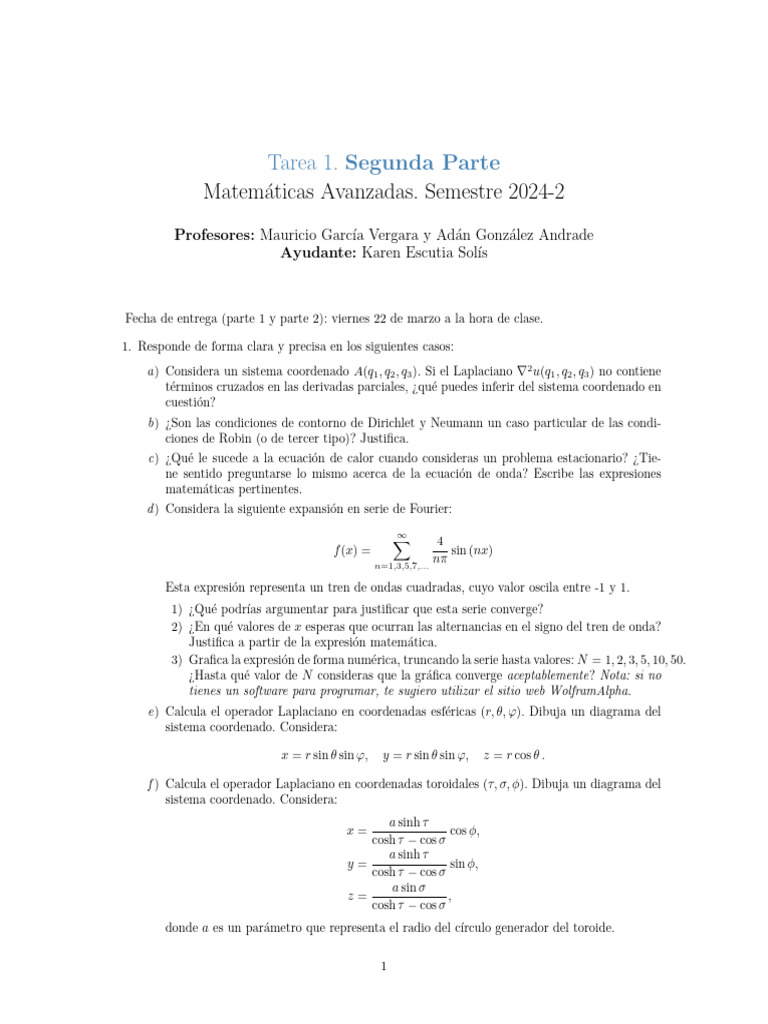 Matem Aticas Avanzadas. Semestre 2024-2: Tarea 1. Segunda Parte | PDF ...