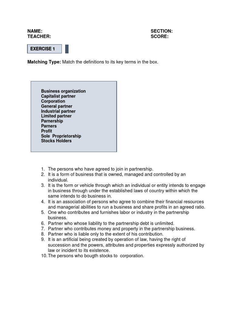 LESSON 1 EXERCISES | PDF | Partnership | Corporations