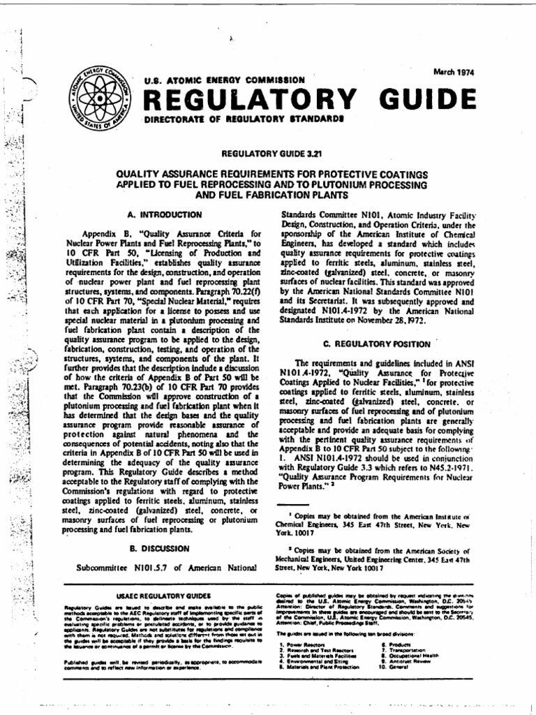 NRC Reg Guide 3.21-1974 | PDF | Nuclear Power | Fuels