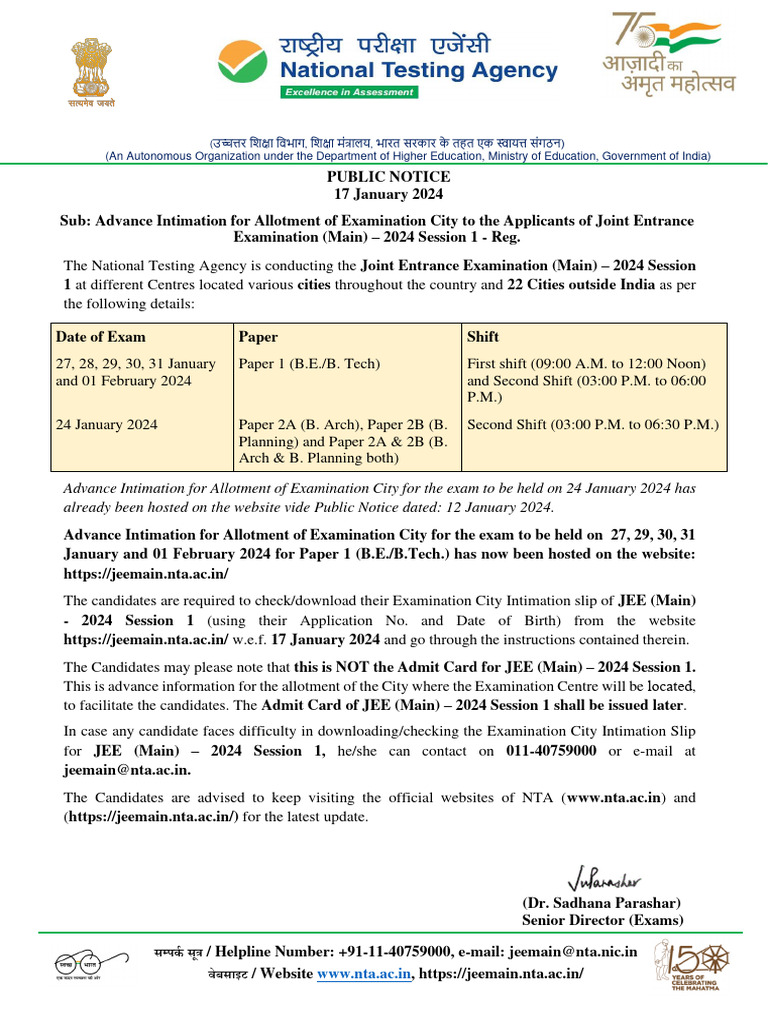 Public Notice For City Intimation For Paper 1 of 2024 | PDF | Higher ...