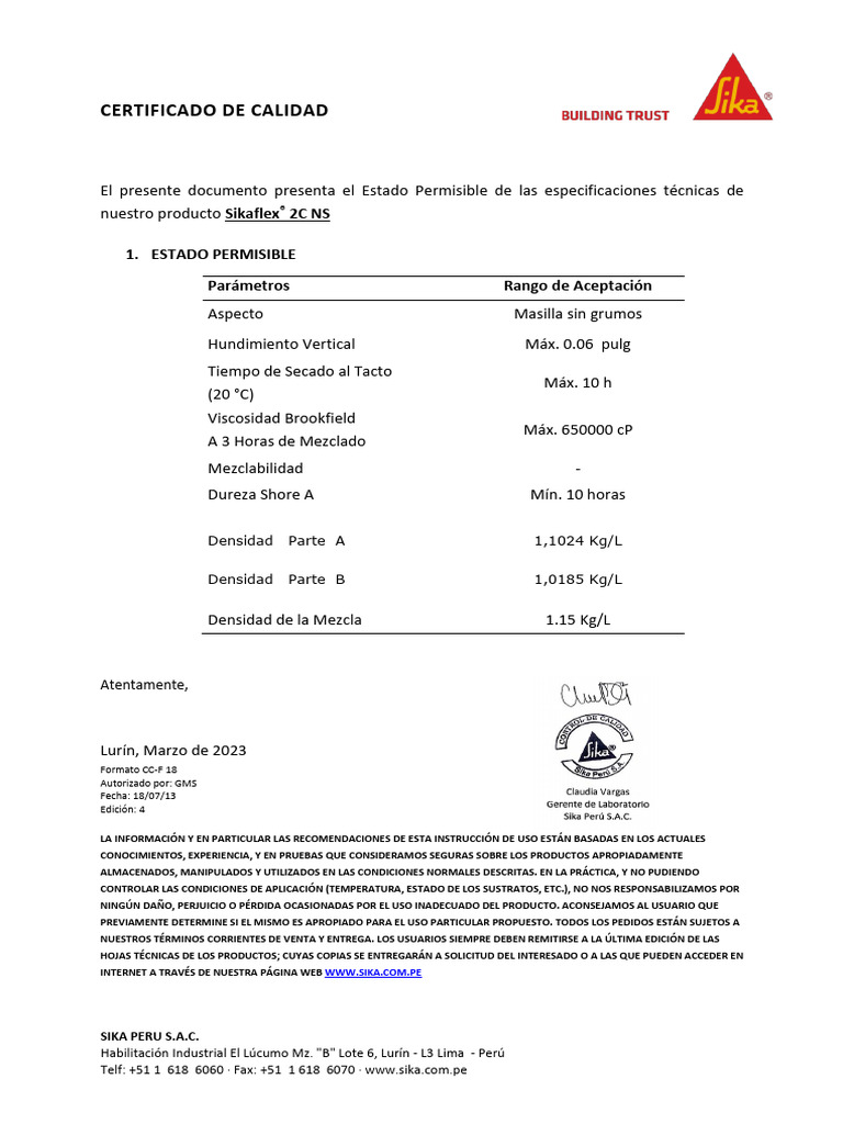 Certificado de Calidad Sikaflex 2C NS | PDF | Informática