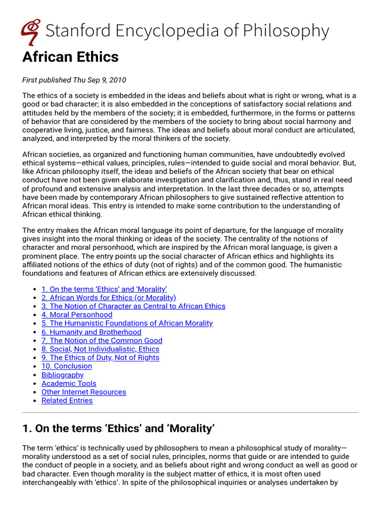 African Ethics (Stanford Encyclopedia of Philosophy) - 1624364292504 ...