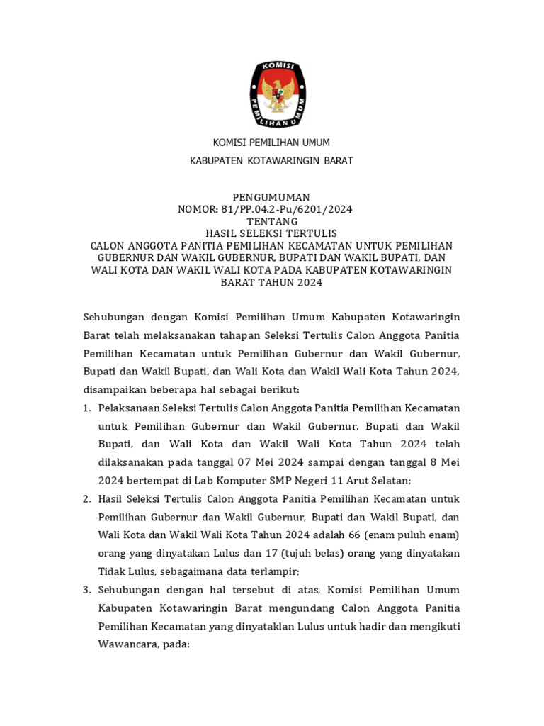 81 - Pengumuman Hasil Seleksi Tertulis PPK Pilkada 2024 | PDF